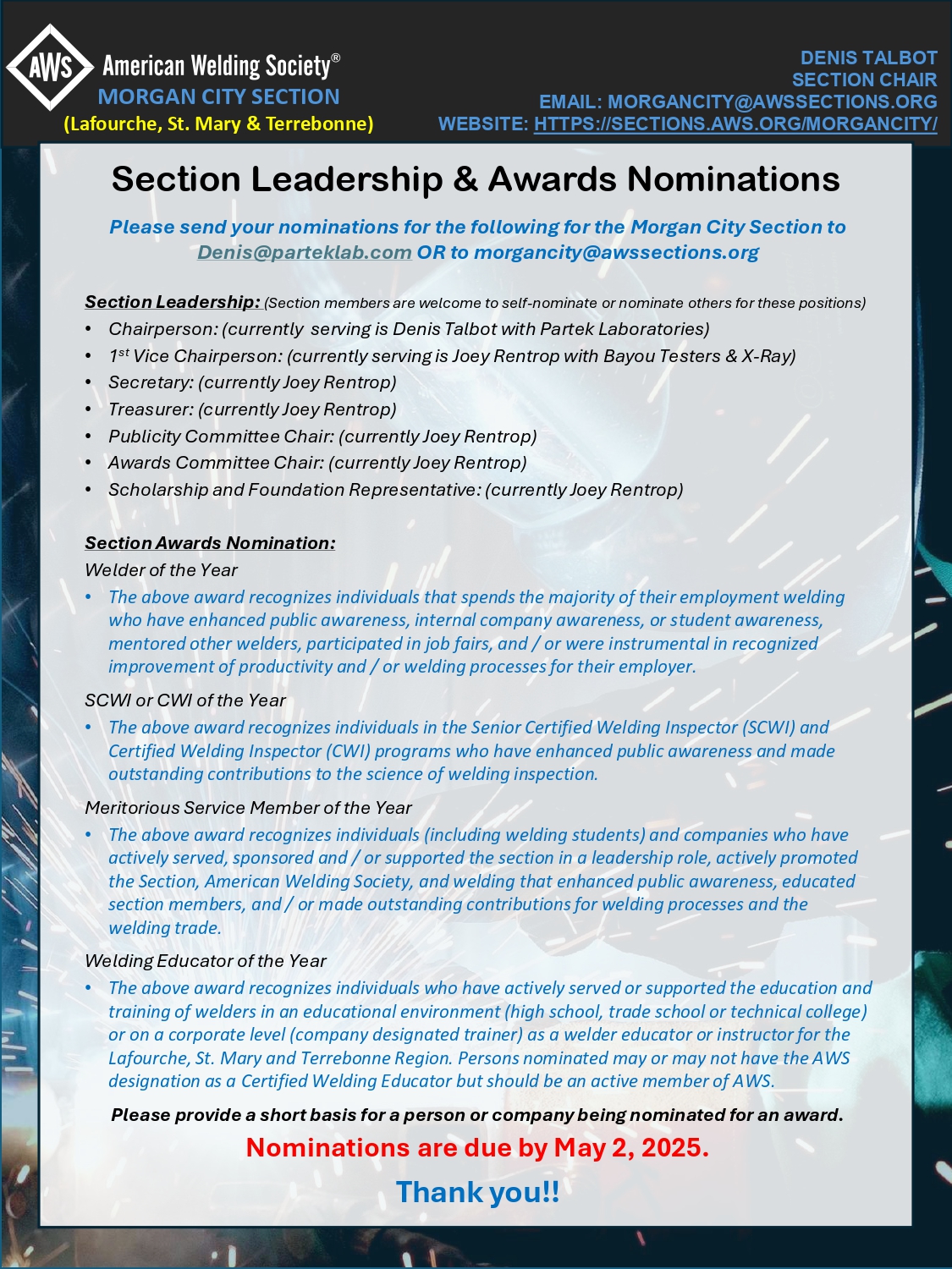 Section Leadership and Awards Nominations?️ - AWS Morgan City Section